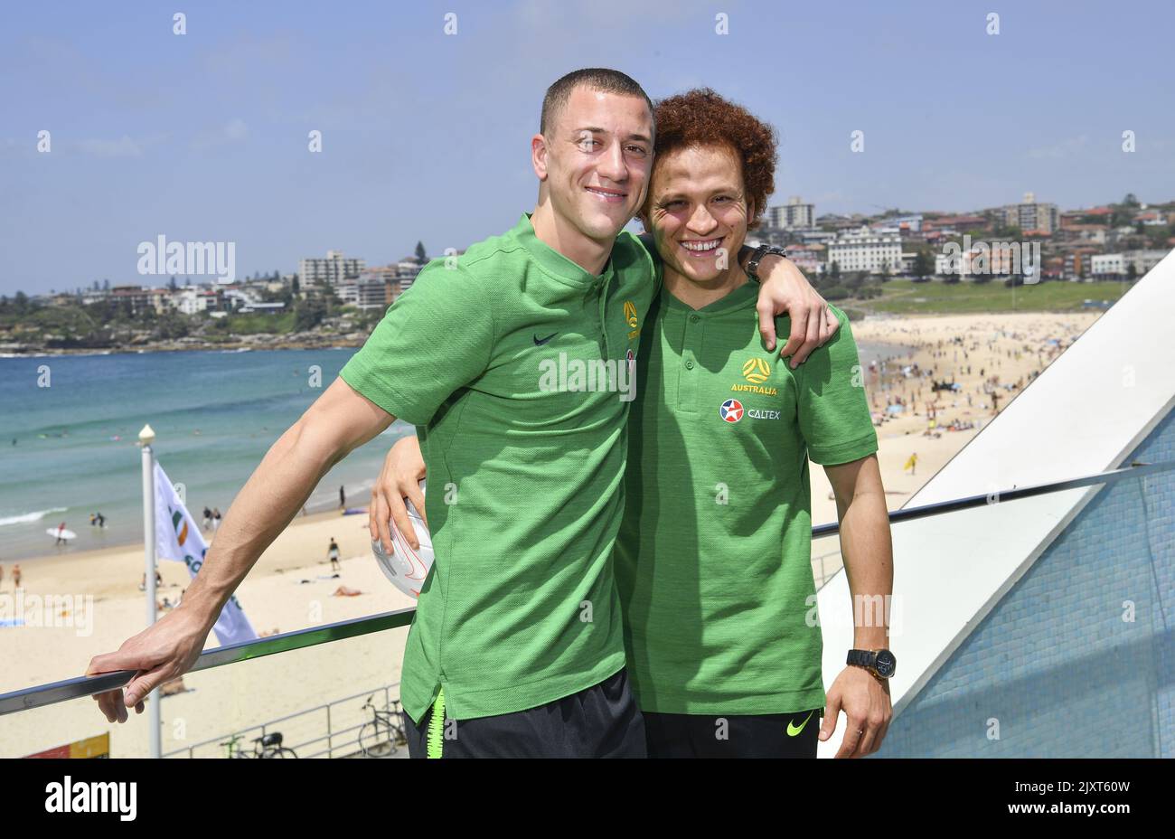 Socceroos Alex Gersbach (left) and Mustafa Amini are seen posing for a ...