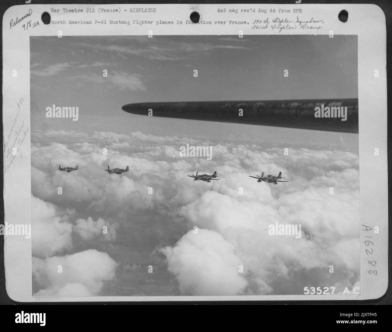 North American P-51 Mustang fighter planes in formation over France ...