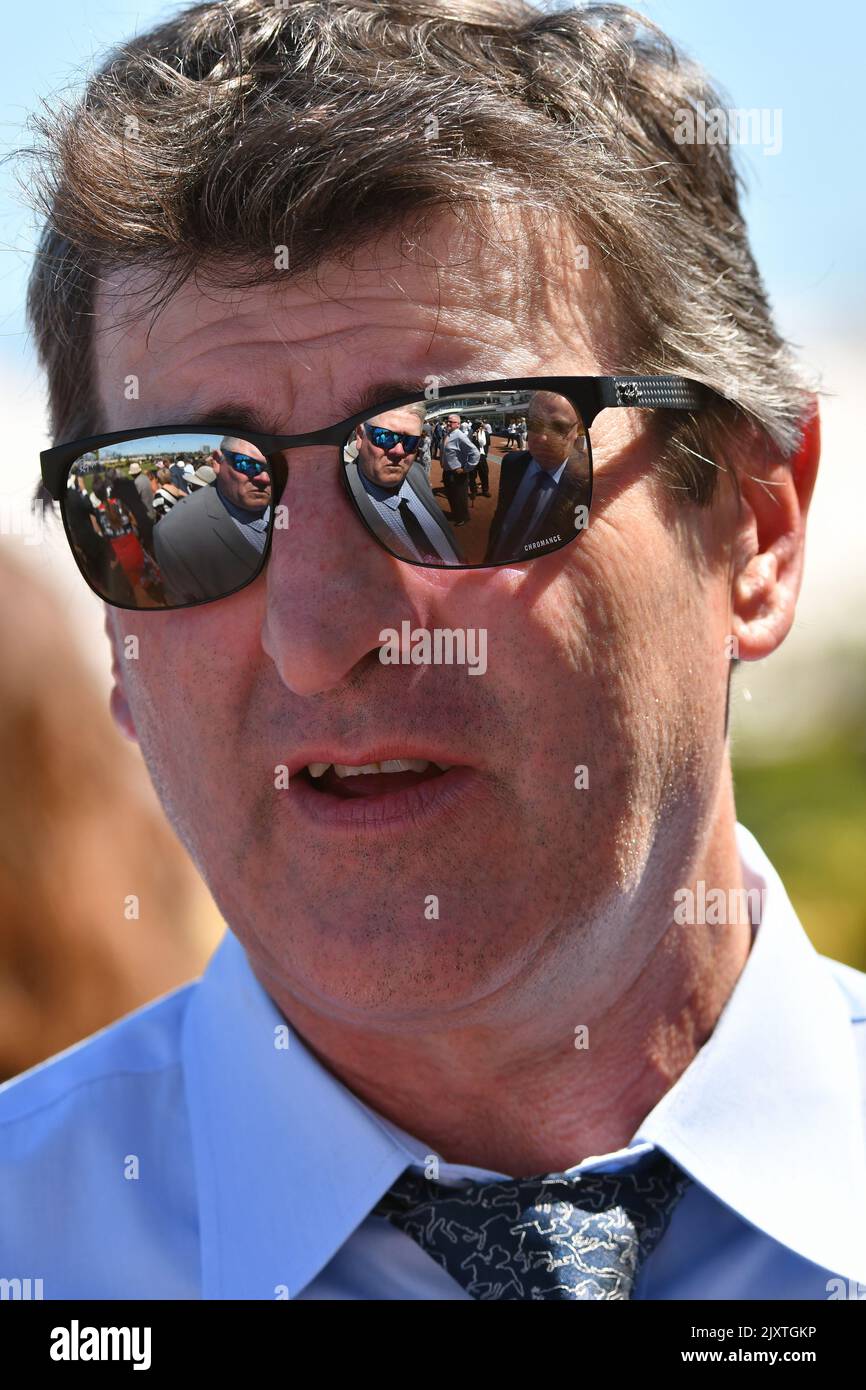 Trainer Robert Hickmott is seen in the mounting yard after training ...