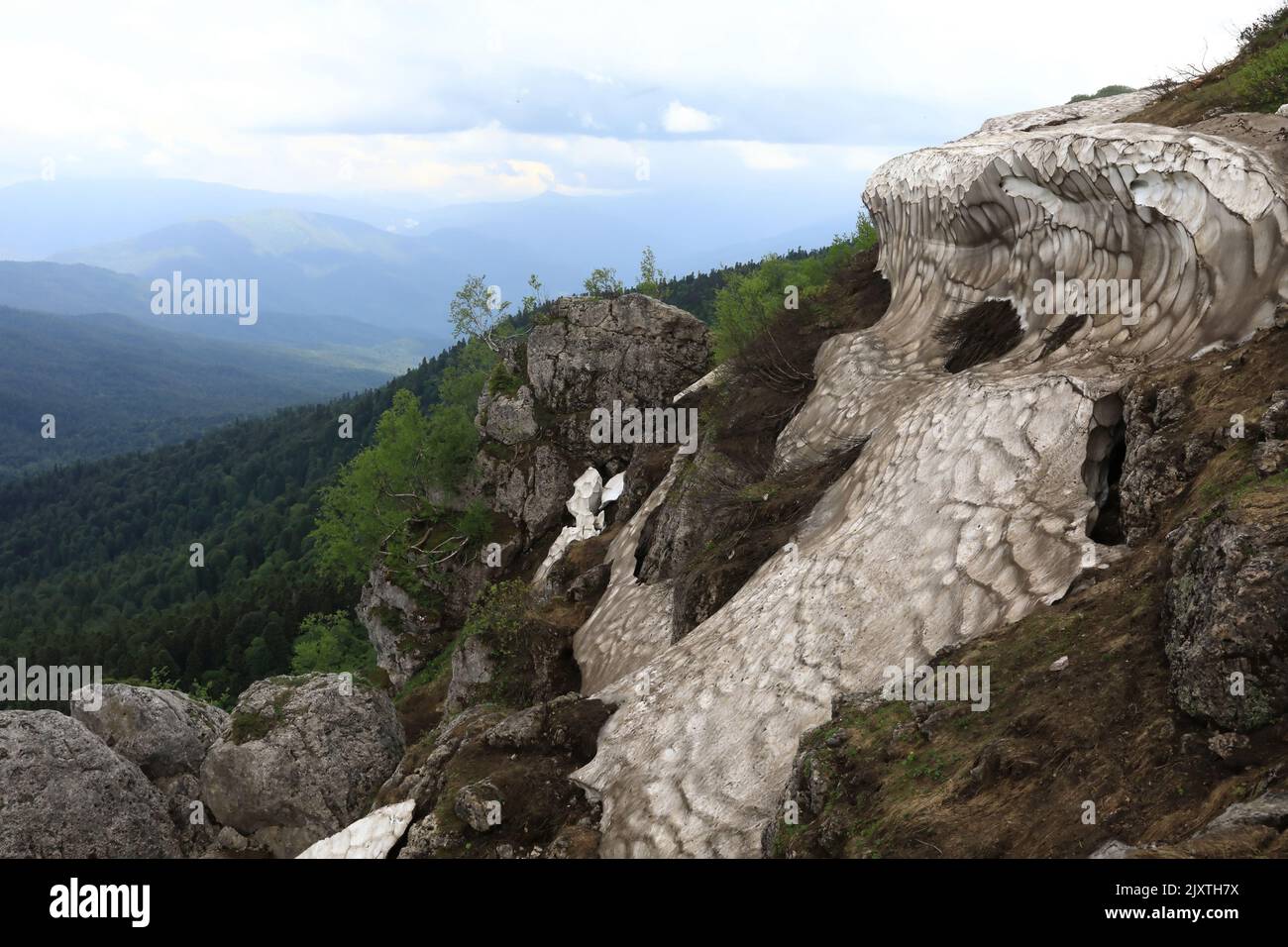 Rock with glacier on Lago-Naki plateau in summer, Adygea Stock Photo ...