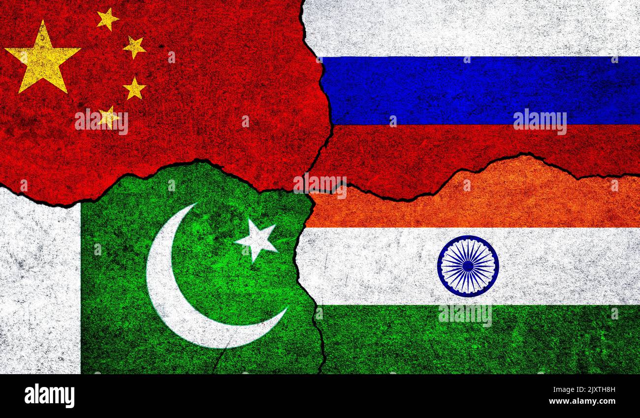 Flags of Russia, China, India and Pakistan on a wall. India Russia ...