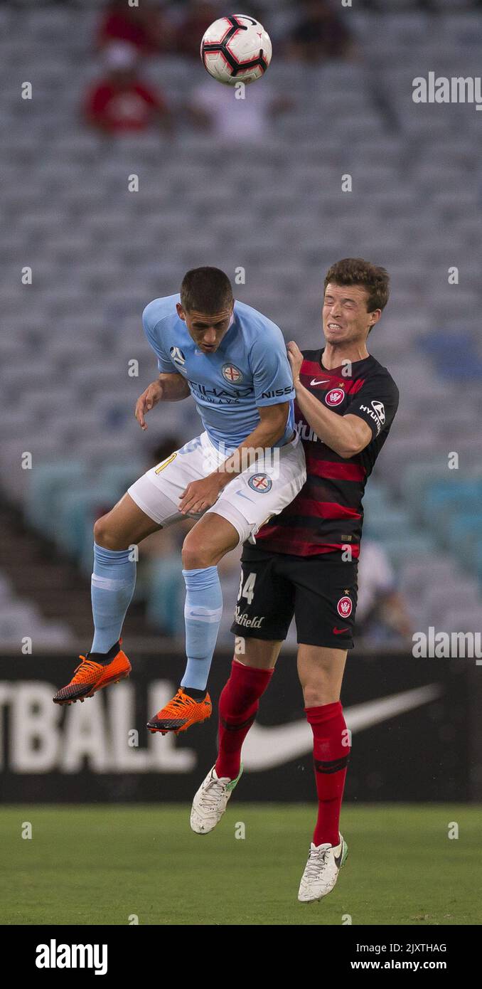 Lachlan Wales of Melbourne City heads the ball during the Round 10 A ...