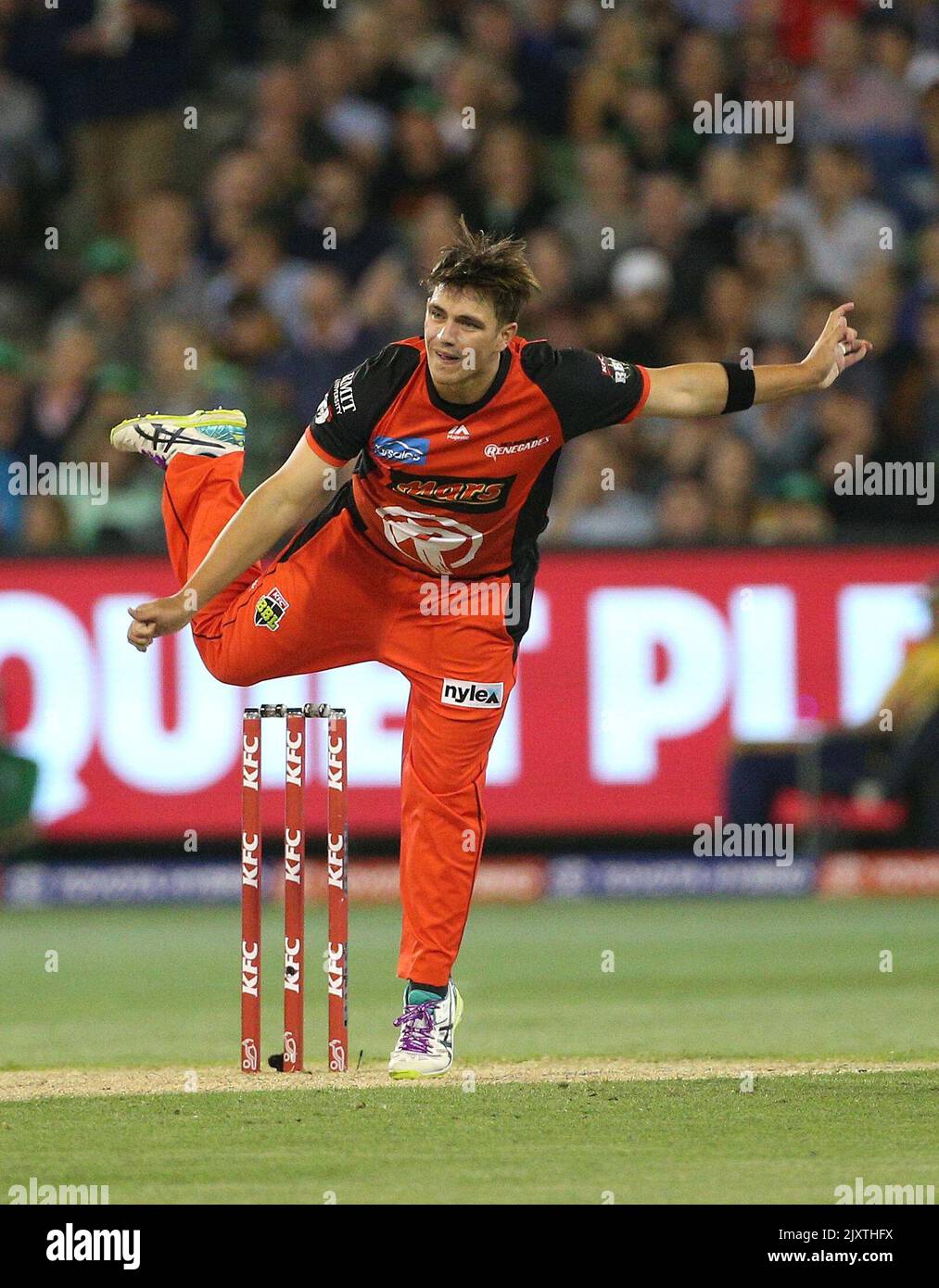 Cameron Boyce of Melbourne Renegades bowling during the Big Bash League ...