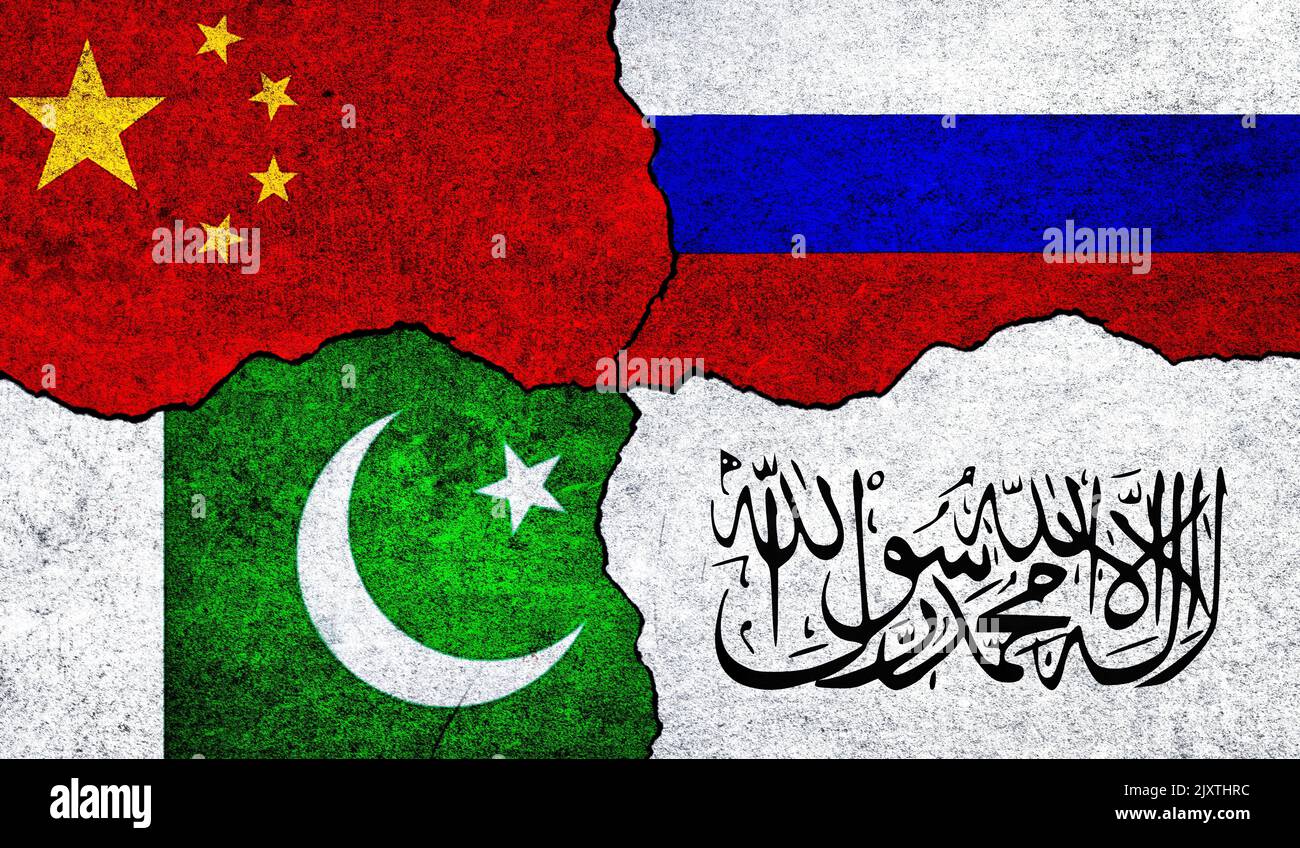 Flags of Russia, China, Taliban and Pakistan on a wall. Afghanistan ...