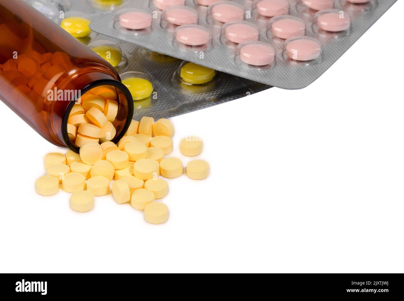Packaging of pills and tablets isolated against a white background ...