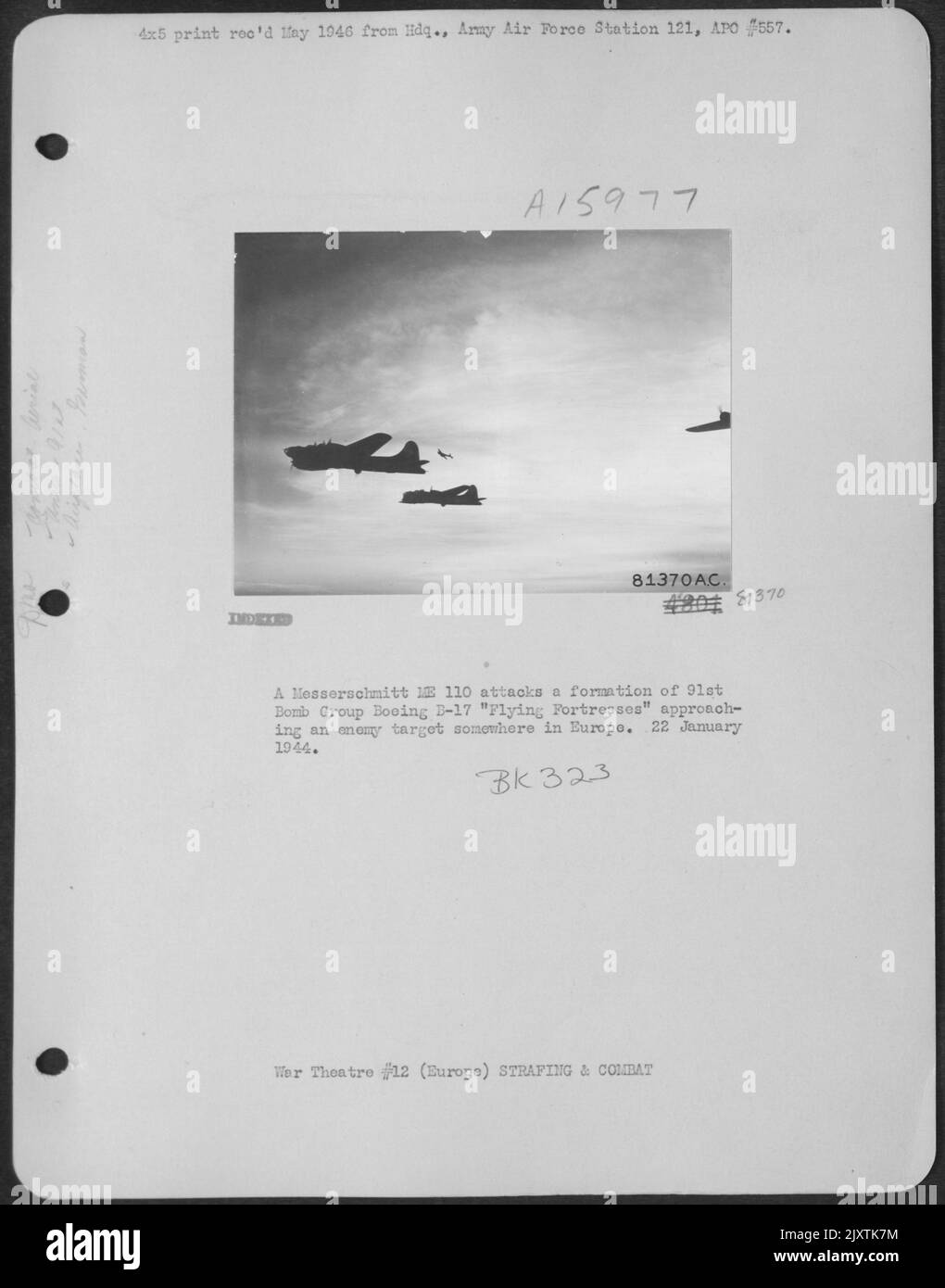 A Messerschmitt Me 110 Attacks A Formation Of 91St Bomb Group Boeing B ...