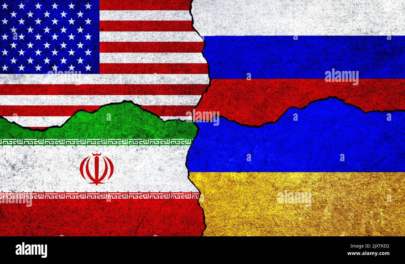 Flags of USA, Russia, Ukraine and Iran on a wall. United States of ...