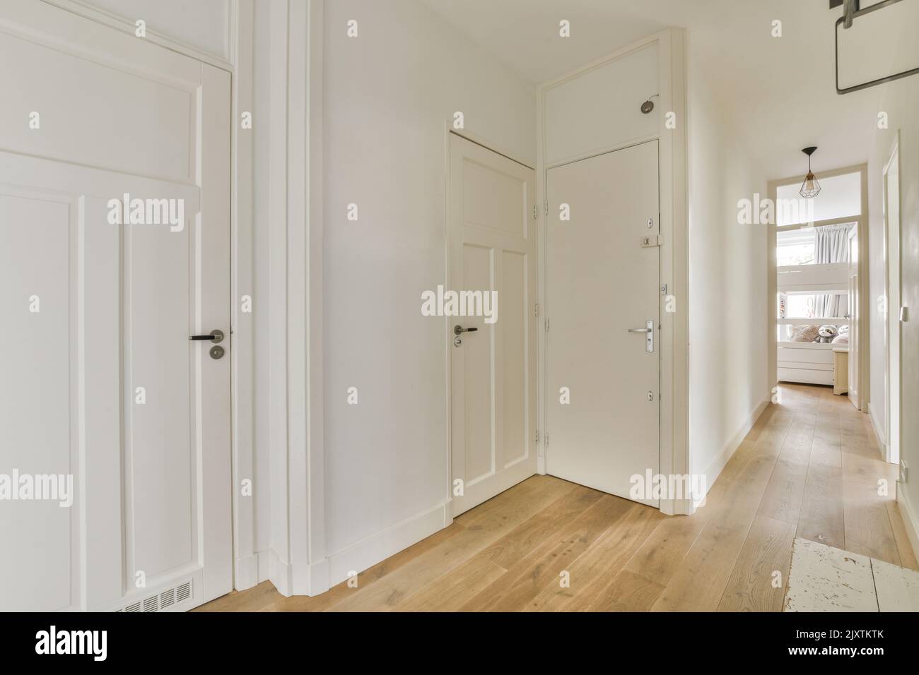 Light narrow hallway with many doors in white walls and over lumber ...