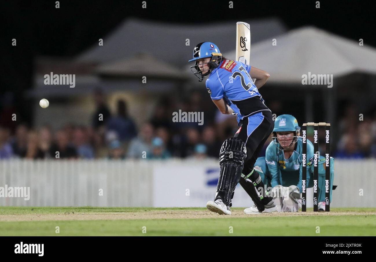 Megan Schutt of the Strikers plays a shot during the Women's Big Bash ...