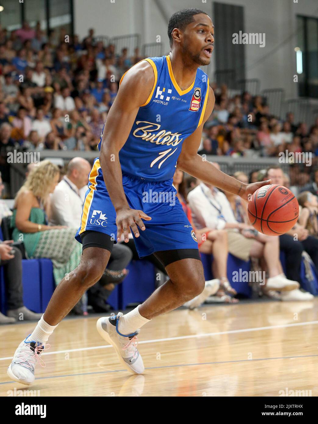 AJ Davis of the Bullets drives to the hoop during the Round 12 NBL ...