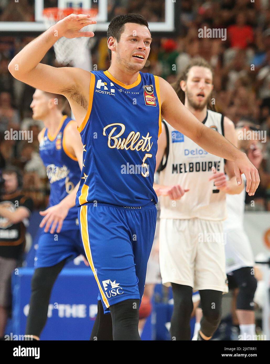 Jason Cadee of the Bullets celebrates his team's lead during the Round ...