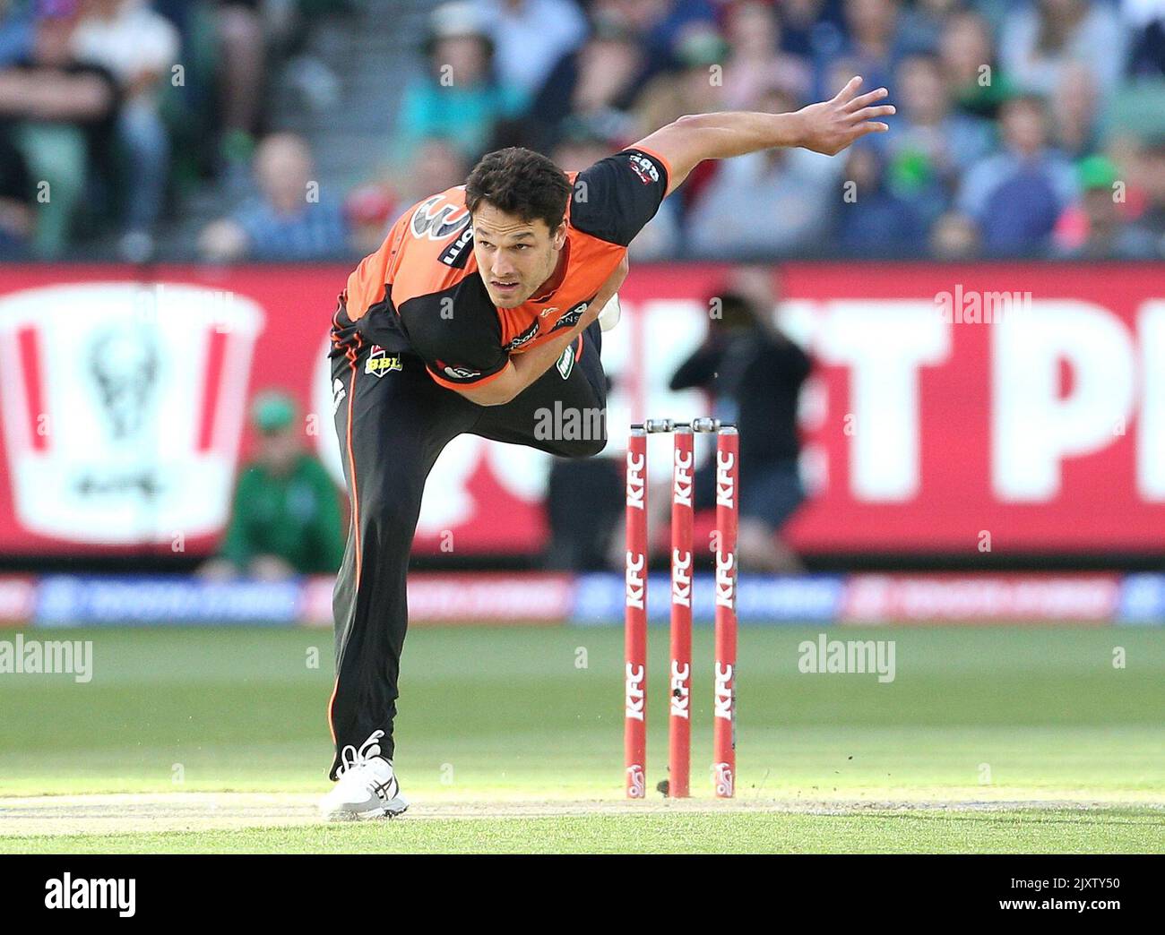Nathan Coulter-Nile of Perth Scorchers bowling during the Big Bash ...