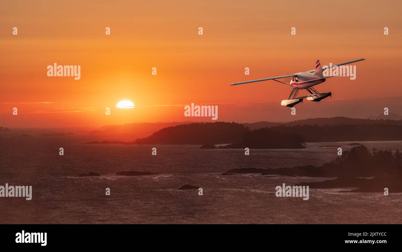 Seaplane Flying over the West Coast Pacific Ocean. Adventure Composite ...