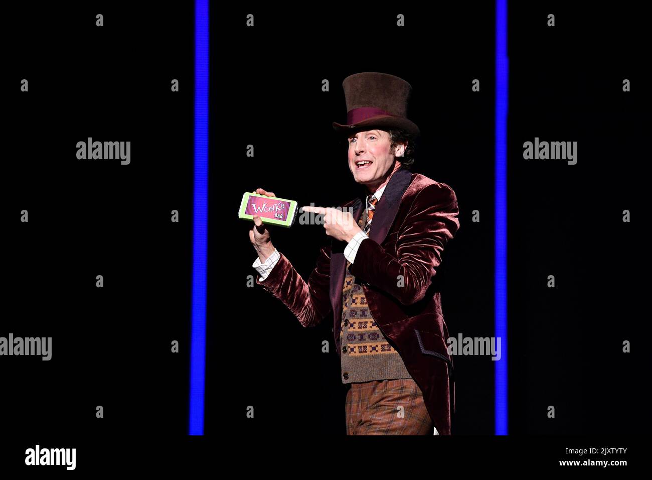 Paul Slade-Smith as Willy Wonka performs a musical scene during a ...