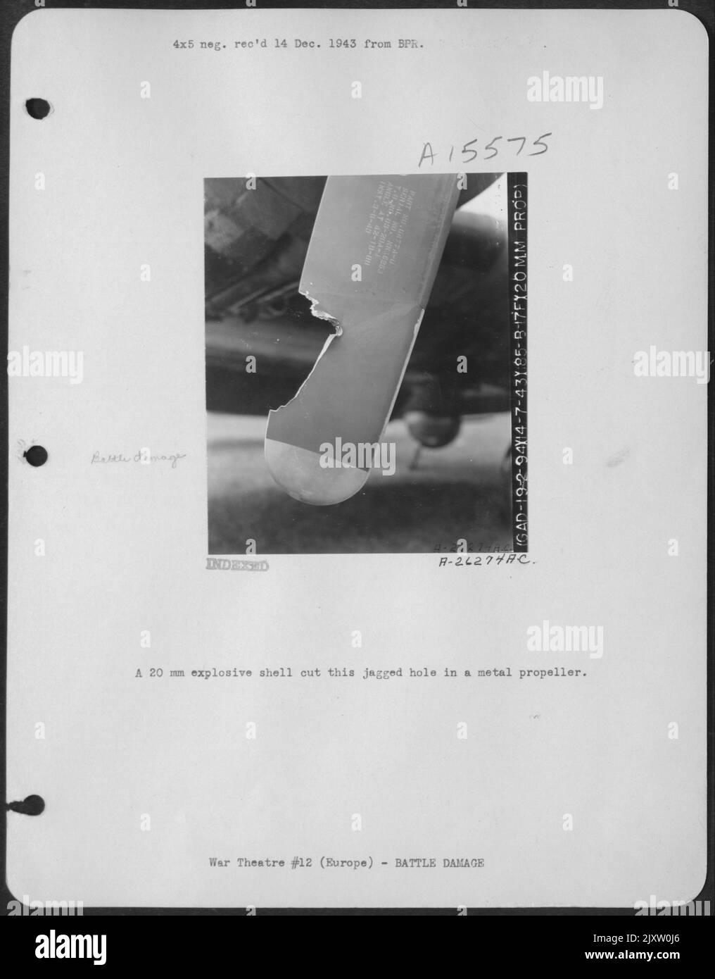 A 20 mm explosive shell cut this jagged hole in a metal propeller Stock ...