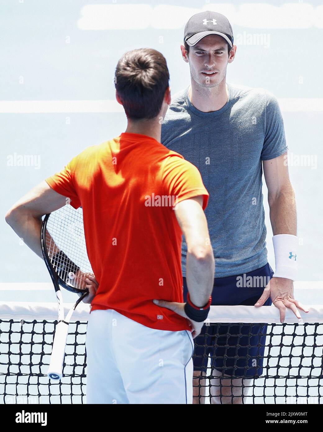 Andy Murray of England (right) is seen with Novak Djokovic of Serbia ...