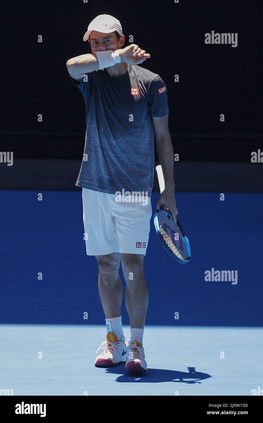 Kei Nishikori of Japan in action during a training session at the ...