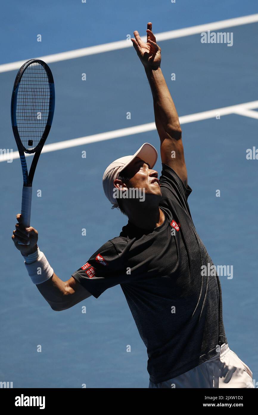 Kei Nishikori of Japan in action during a training session at the ...