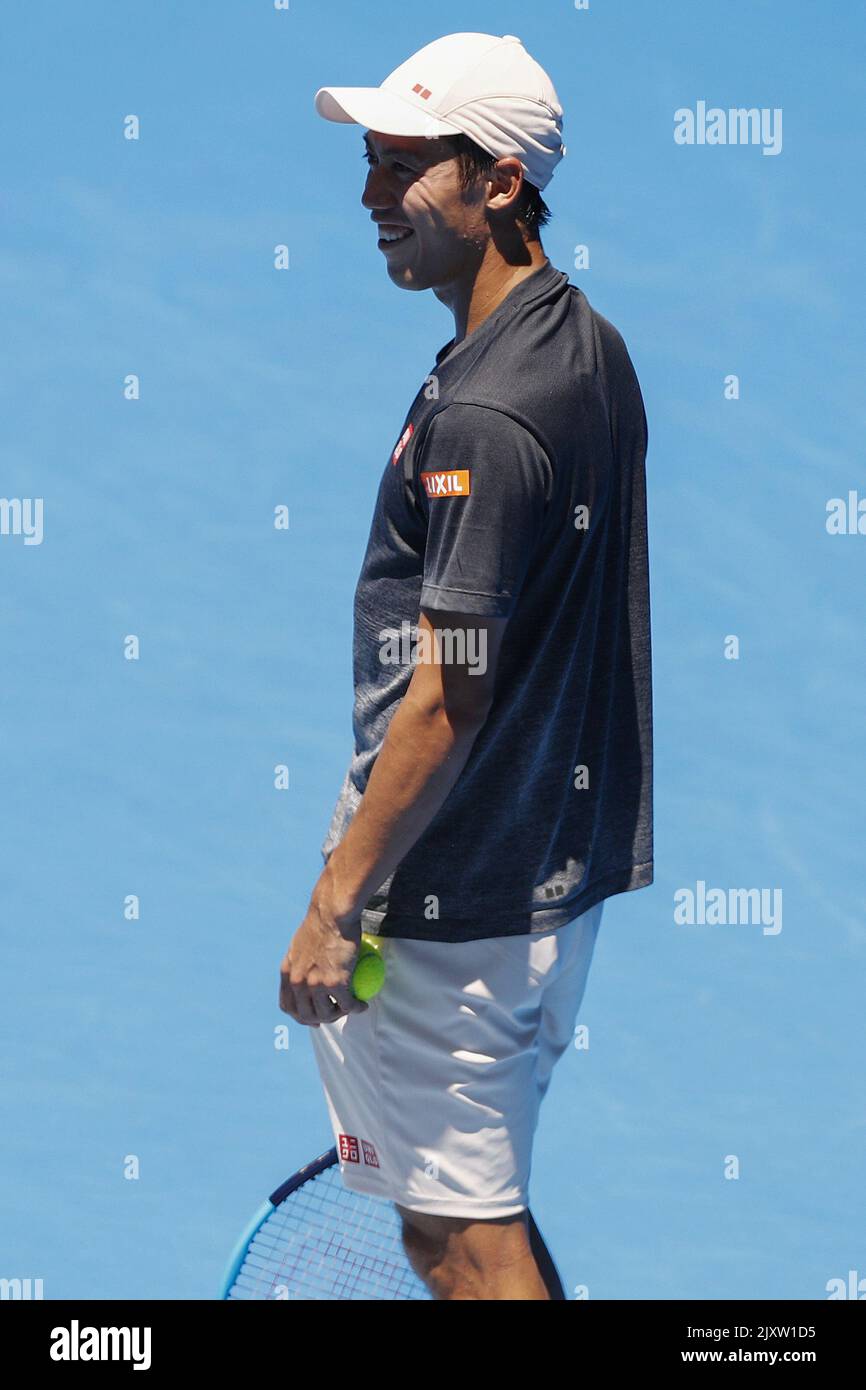 Kei Nishikori of Japan in action during a training session at the ...