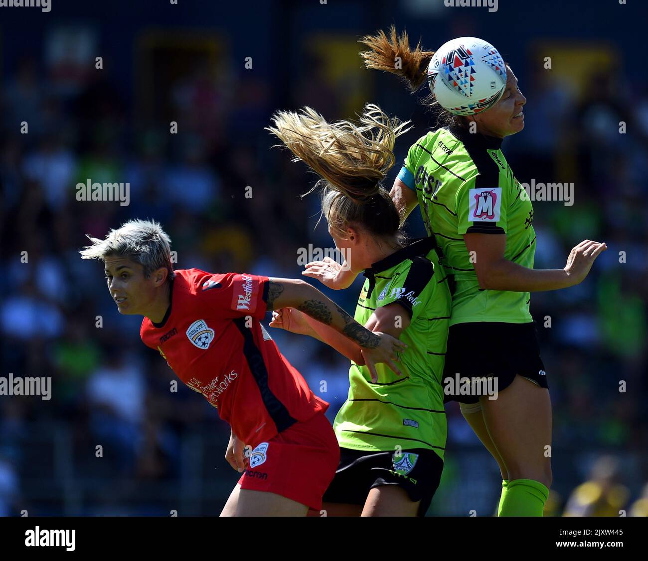 Michelle Heyman of Adelaide United (left) and Rachel Corsie of Canberra ...