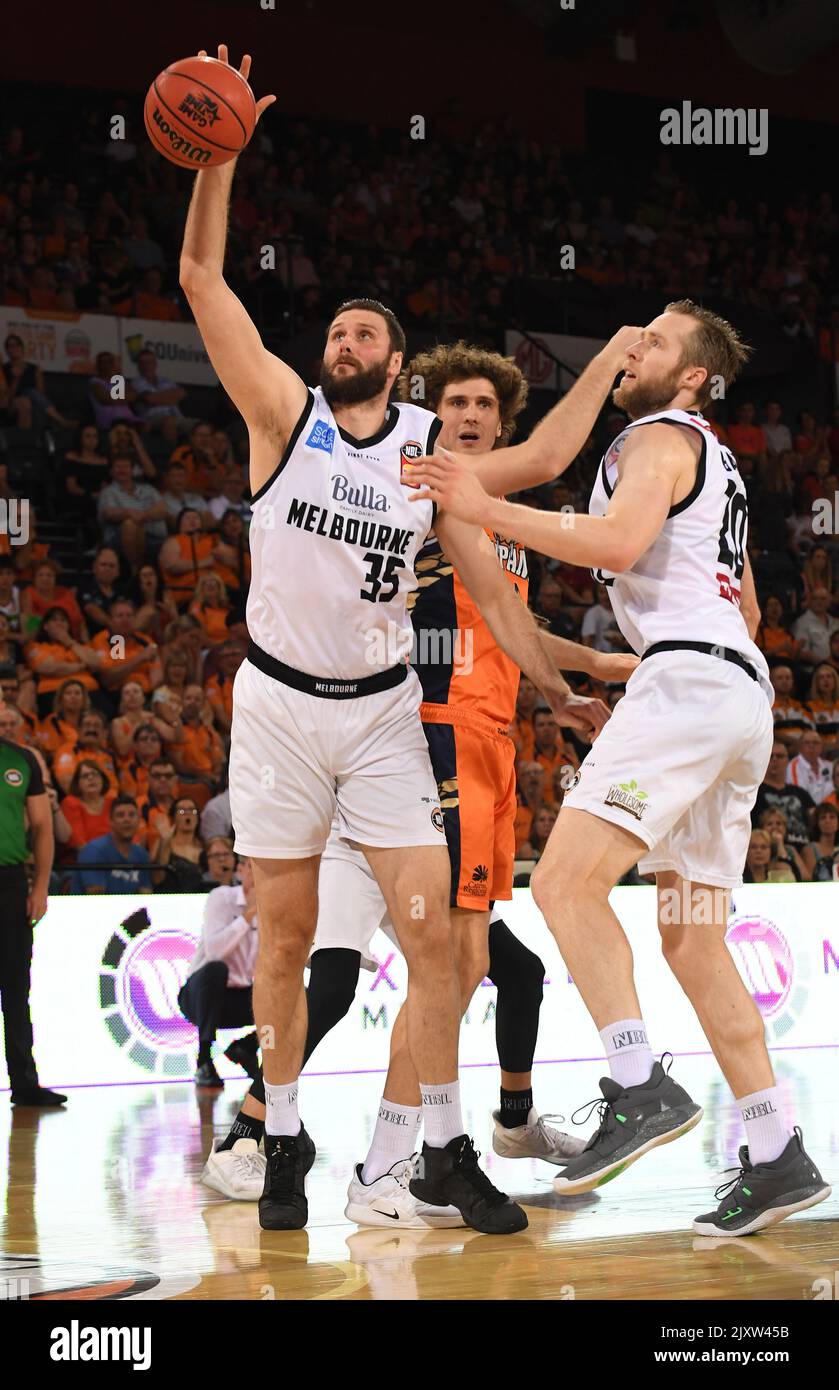 Melbourne's Alex Pledger (left) during the Round 13 NBL match between ...