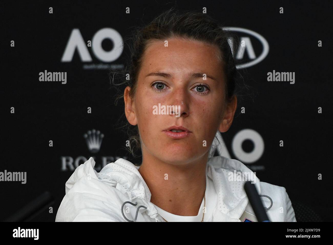 Victoria Azarenka of Belarus speaks to the media at a press conference ...