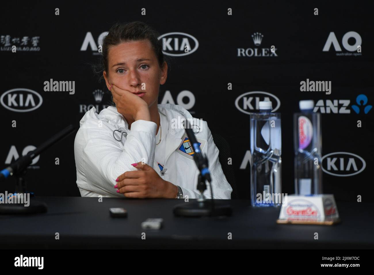 Victoria Azarenka of Belarus speaks to the media at a press conference ...