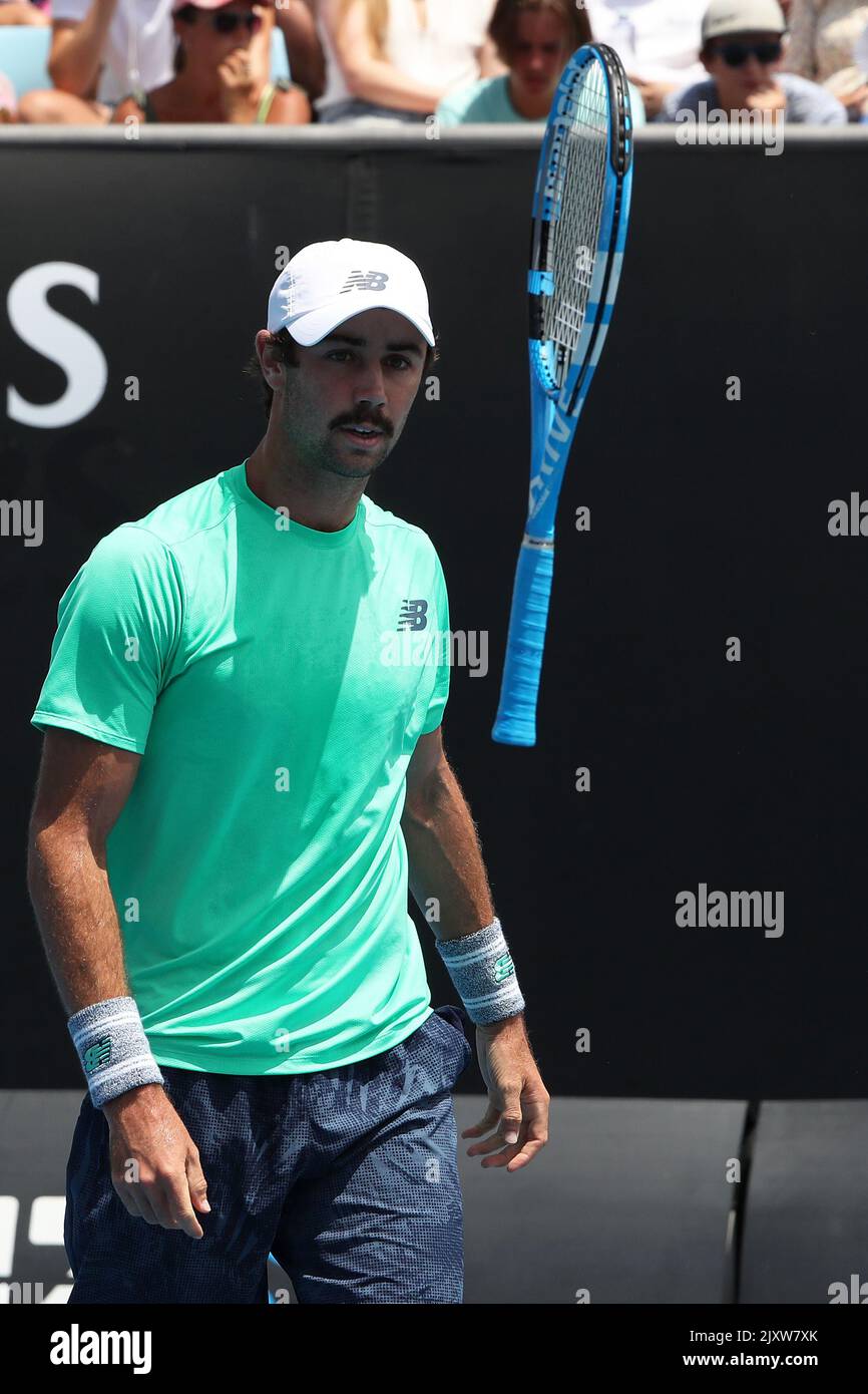 Jordan Thompson of Australia throws his racket playing against Andreas ...