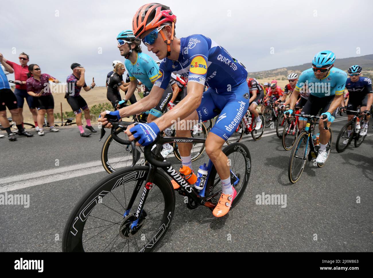 The peloton riding up Checkers Hill Rd during stage 2 of the Tour Down ...