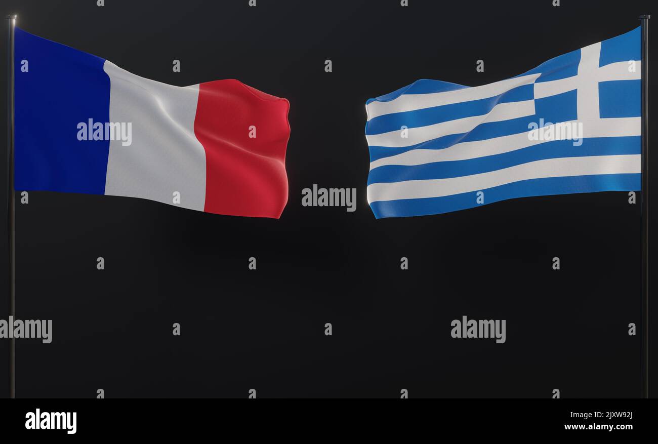 France and Greece flags. Flag France and Flag Greece. 3D work and 3D ...