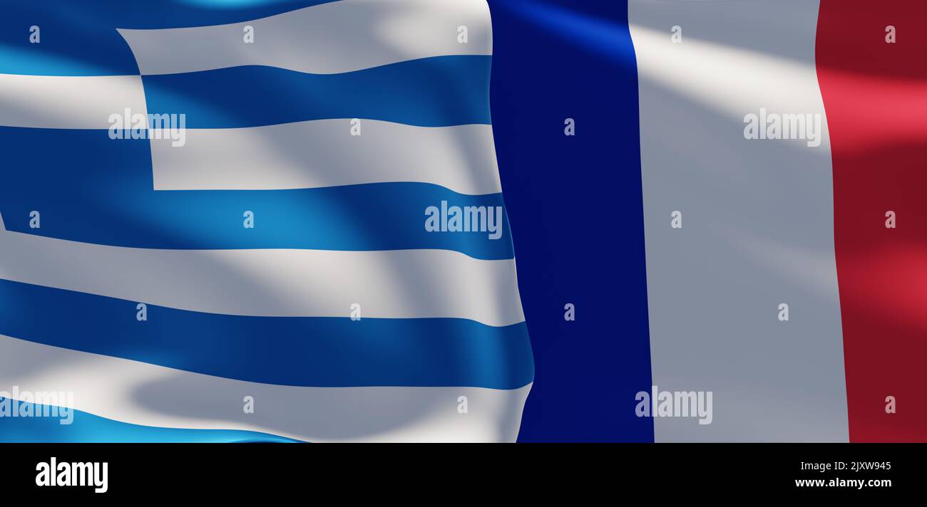 France and Greece flags. Flag France and Flag Greece. 3D work and 3D ...