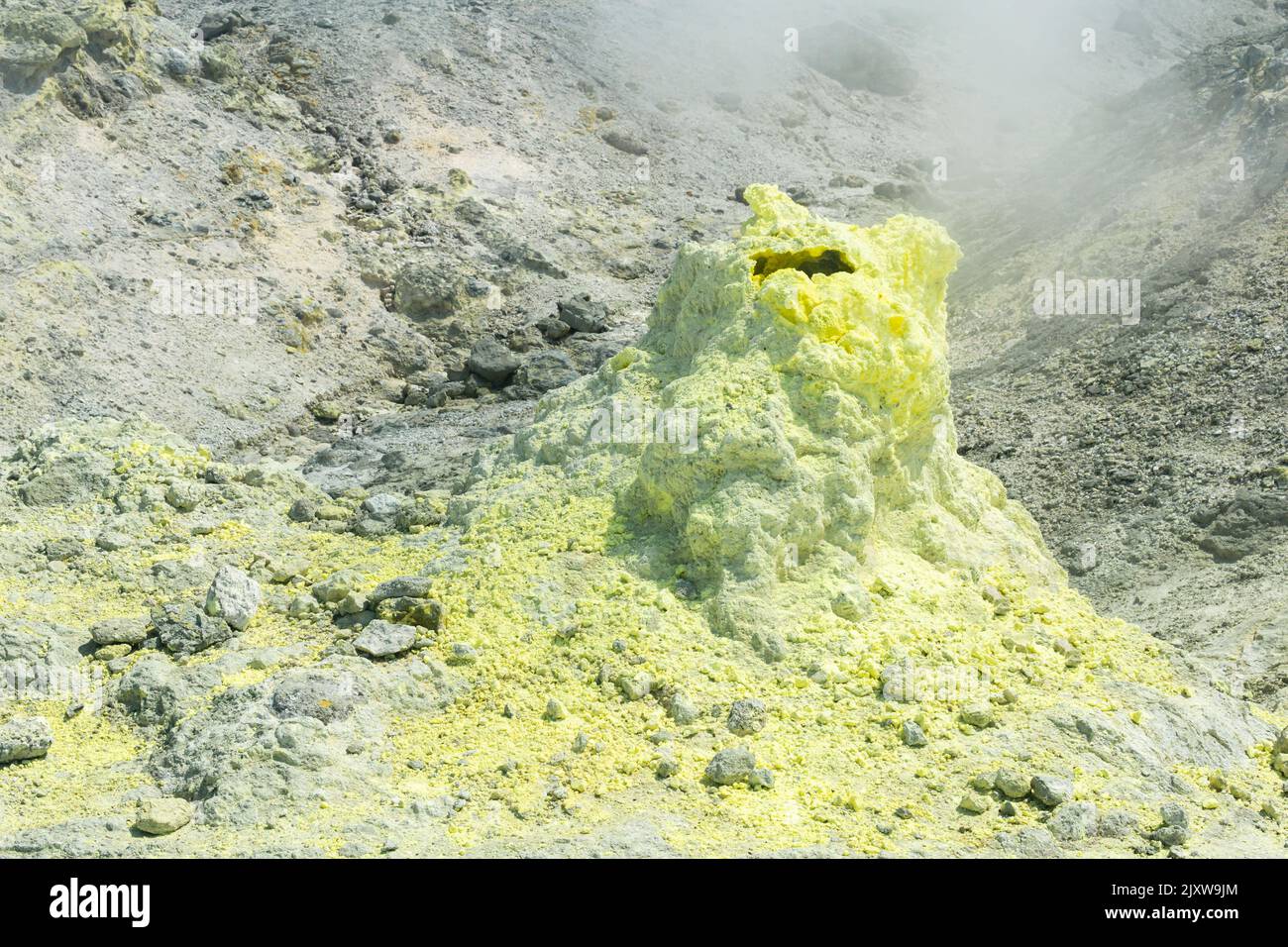 cone of sulfur deposits around a fumarole in a solfataric field Stock ...