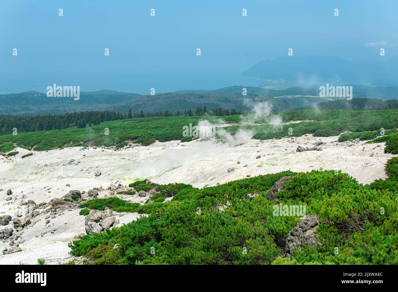 fumarole field on the slope of Mendeleev volcano on Kunashir island ...
