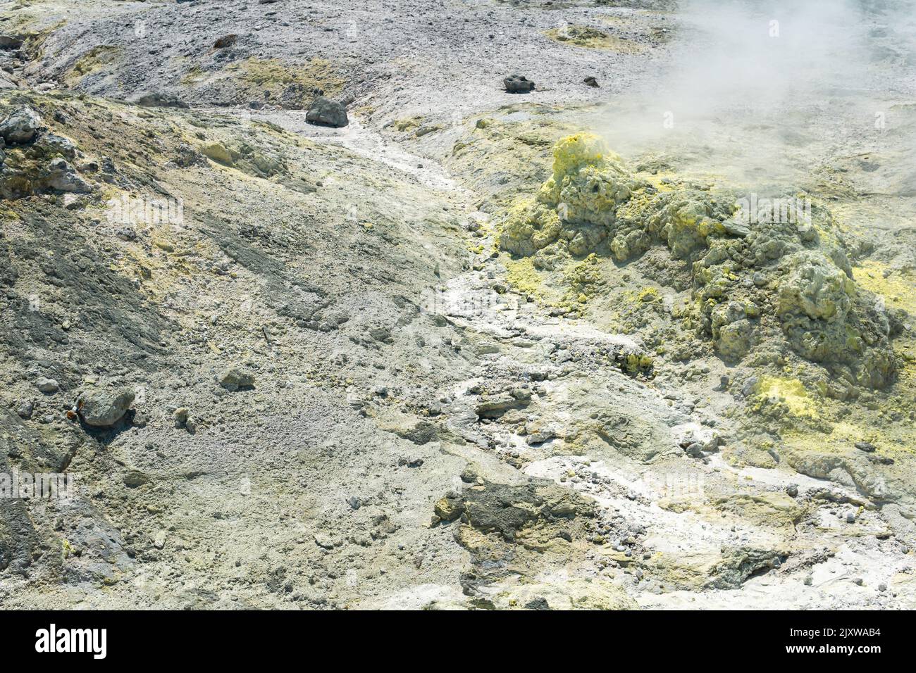 tephra soil with yellow deposits of sulfur minerals in the area of ...