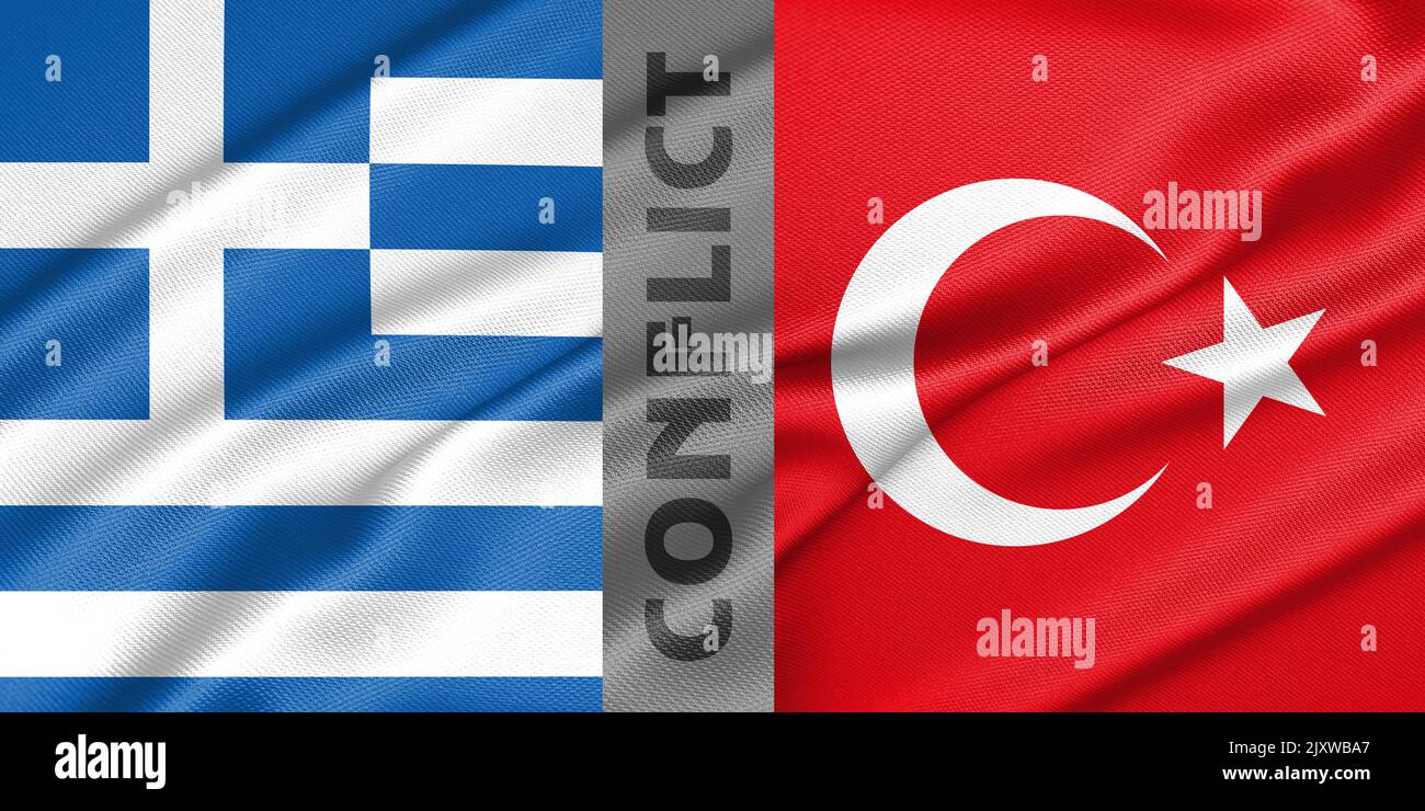 Greece and turkey flags. flag Greece and flag turkey, Conflict Greece vs turkey, 3D work and 3D ...