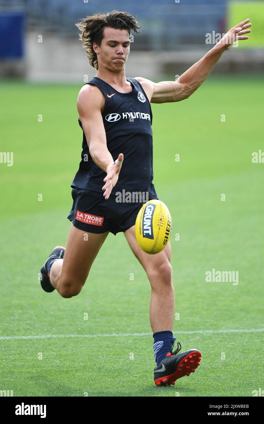 Jack Silvagni kicks the ball during the Carlton football club's team ...