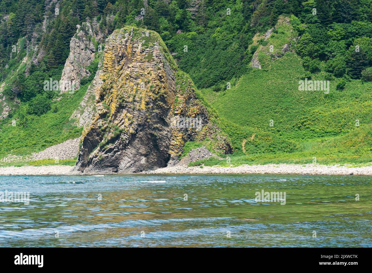coastal landscape, beautiful lava rocks on the green coast of Kunashir ...