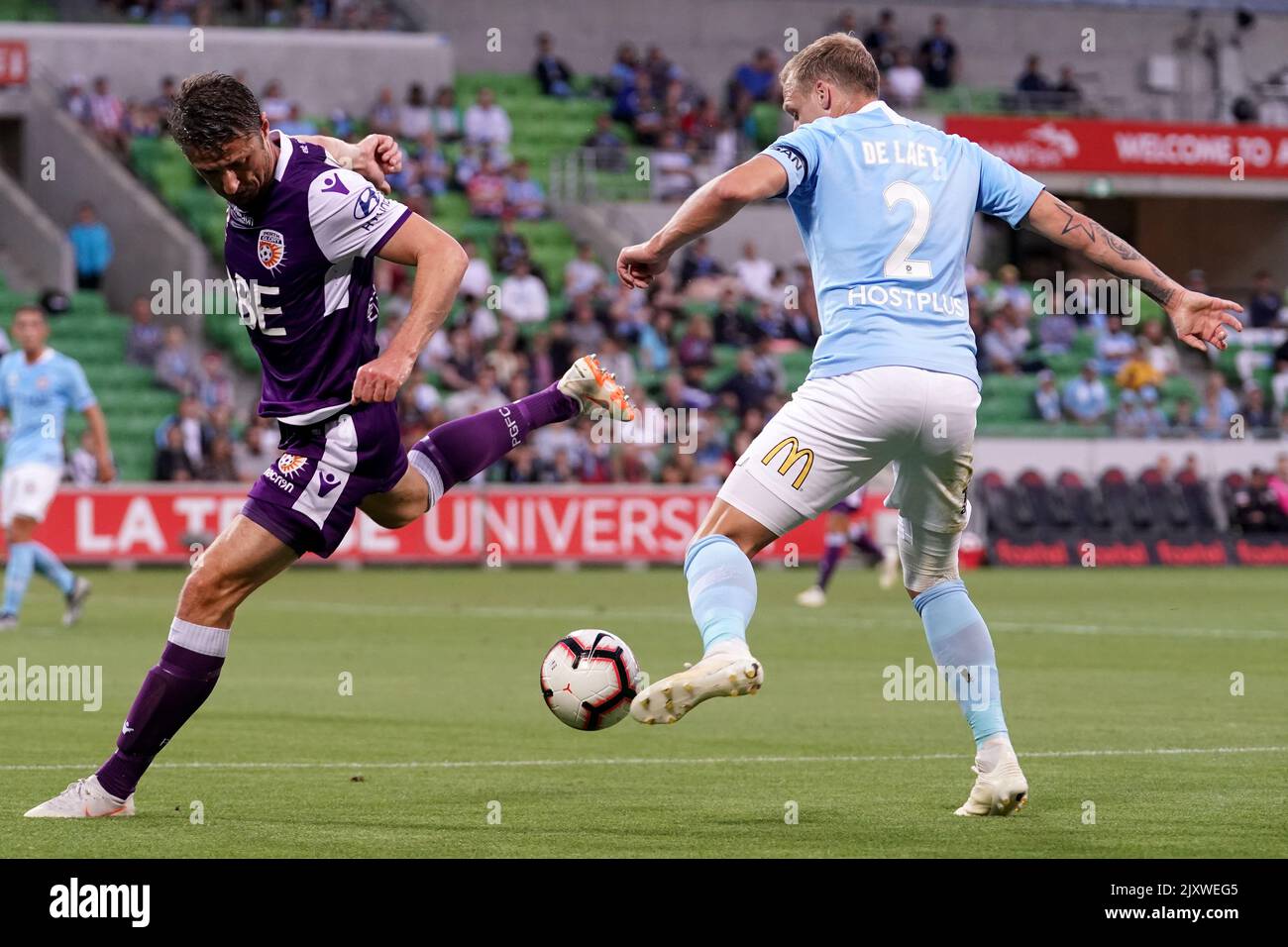 Dino Djulbic of the Glory competes with Ritchie De Laet of the City ...