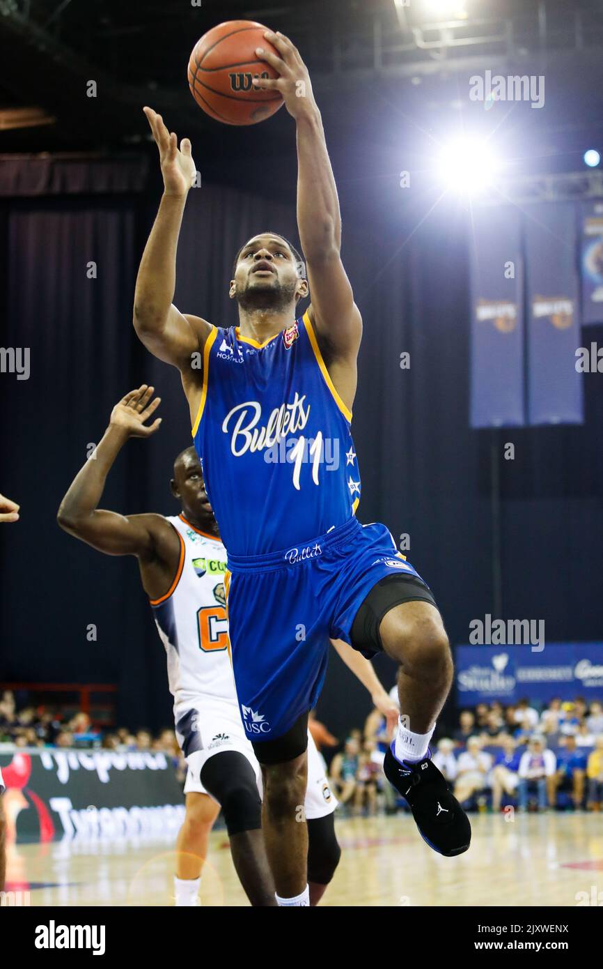 AJ Davis of the Bullets with the ball during the Round 14 NBL match ...