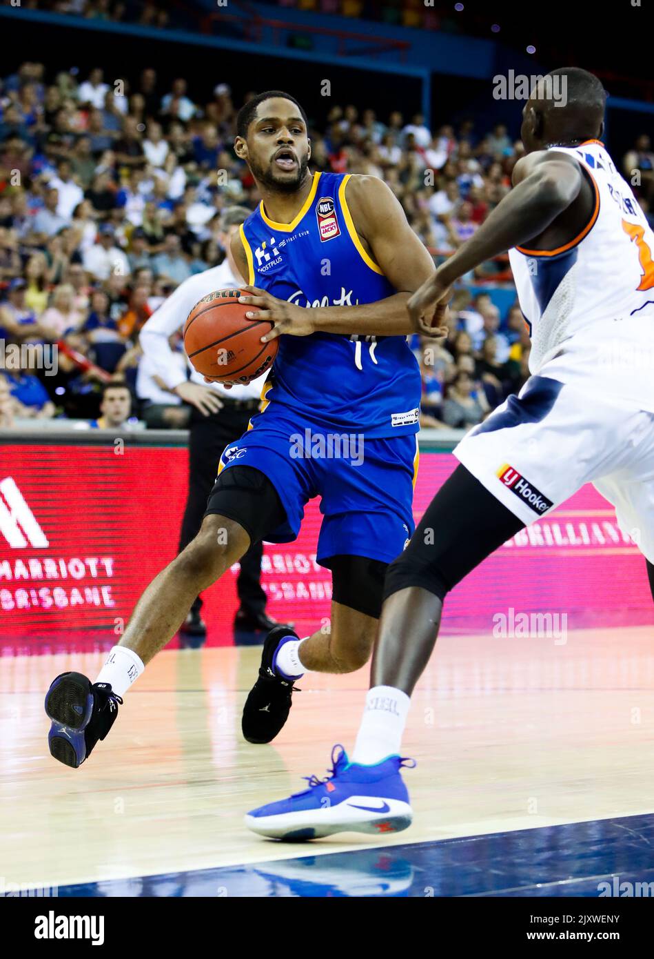 AJ Davis of the Bullets with the ball during the Round 14 NBL match ...