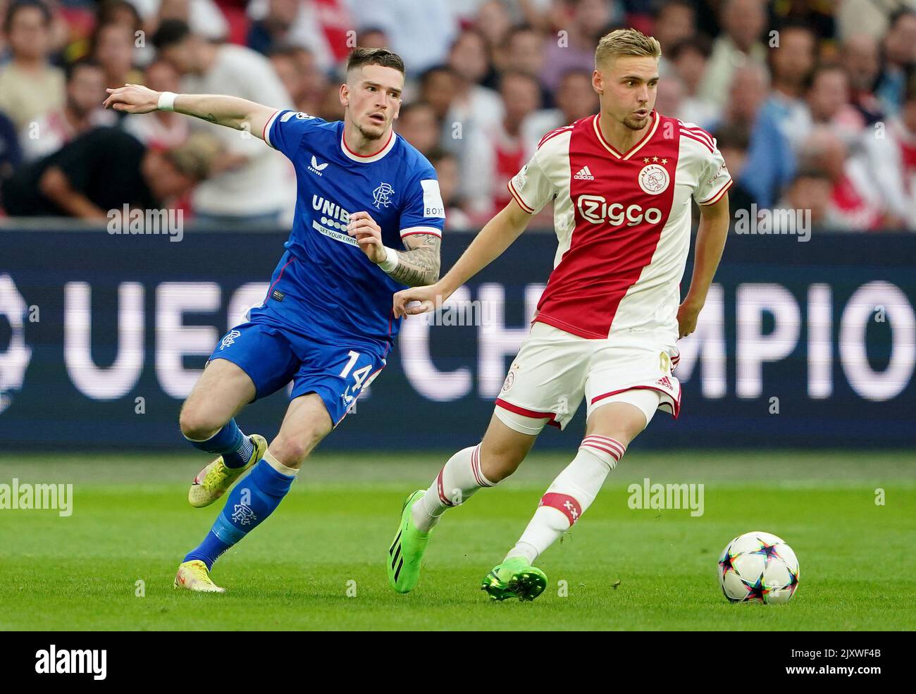 Rangers’ Ryan Kent battles with Ajax’s Kenneth Taylor during the UEFA ...