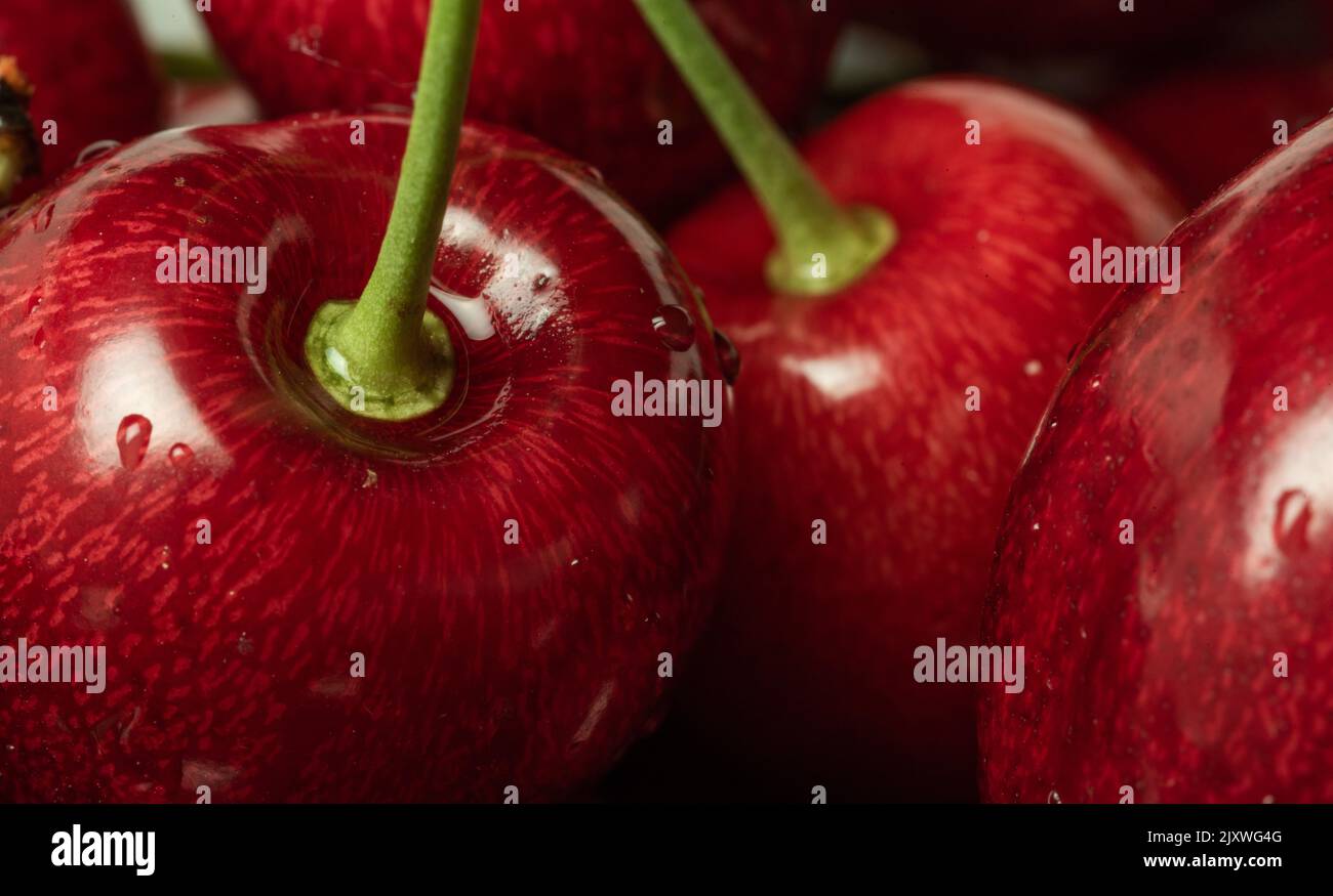 Red juicy sweet cherries. Juicy maroon fruit close-up. Cherries in ...