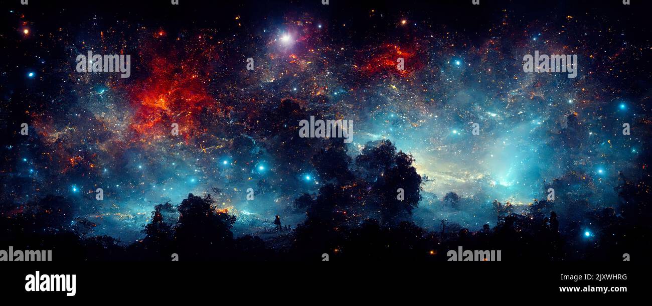 abstract space landscape with planets and flashes of stars and comets ...