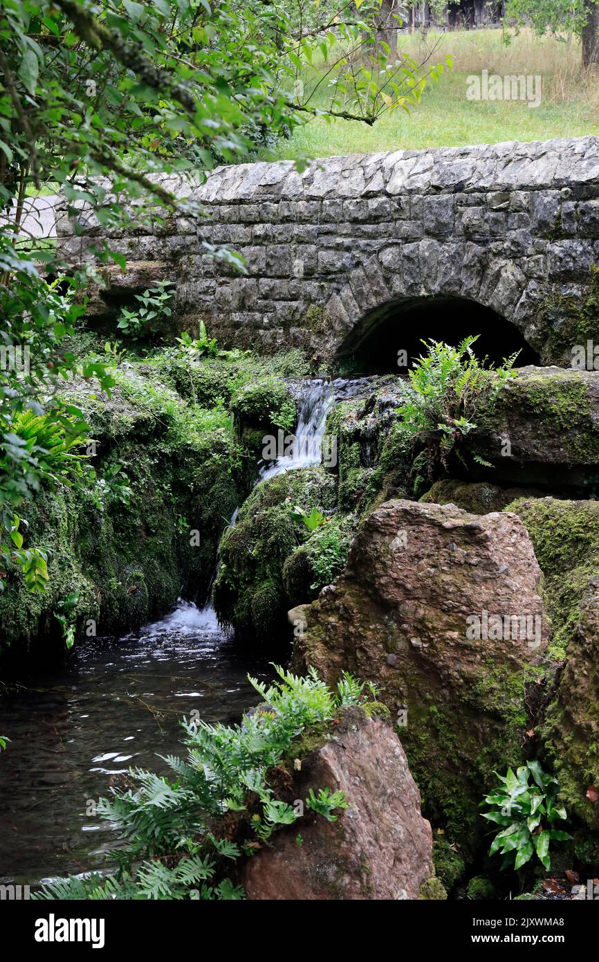 Pretty stone bridge and brook tumbling over mossy rocks. St Fagans ...