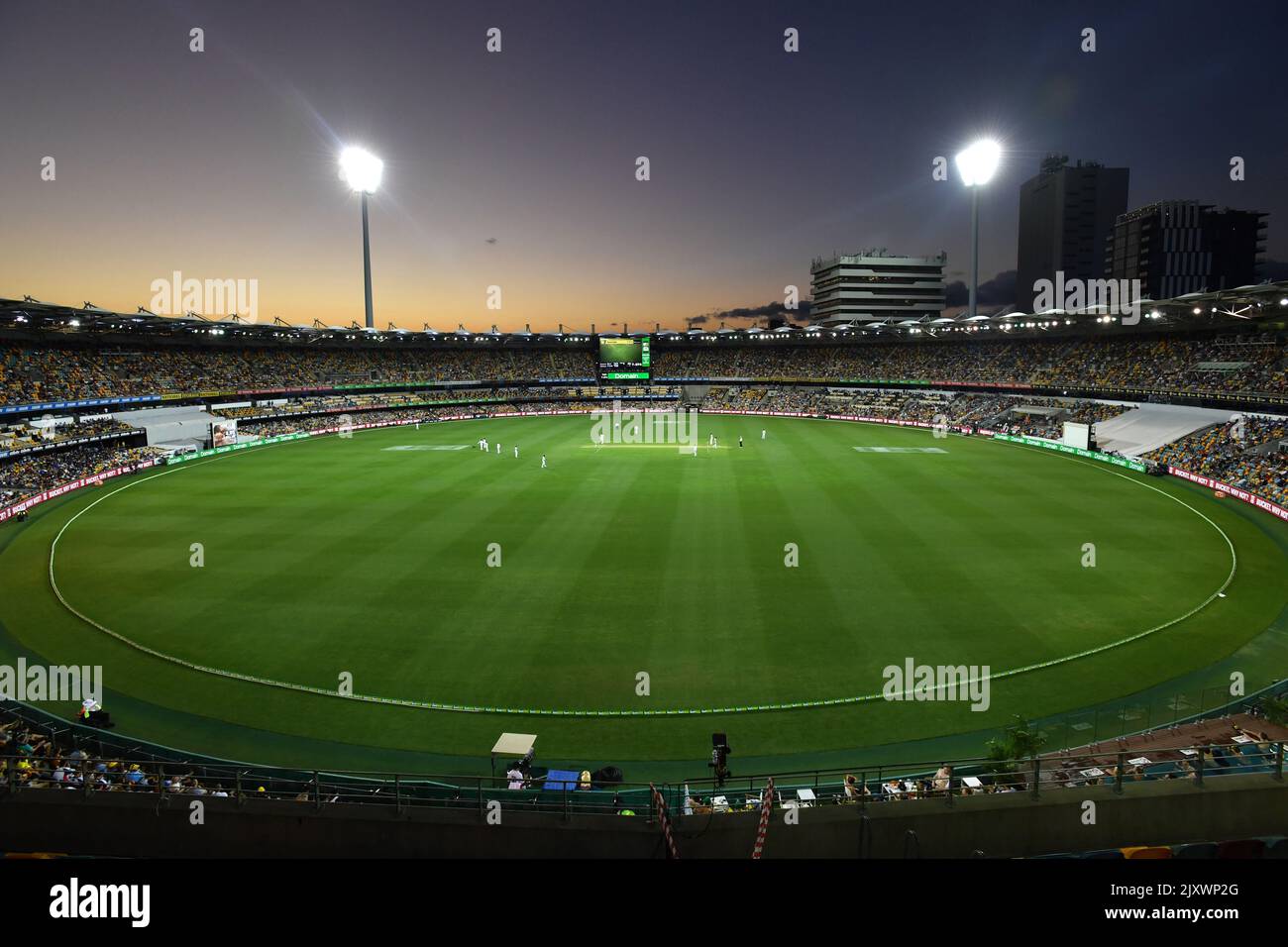 The Gabba is seen as the sunsets on day two of the First Test match ...