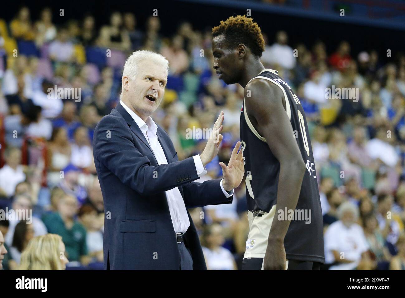 Coach Andrew Gaze and Deng Deng of the Kings pictured during the Round ...