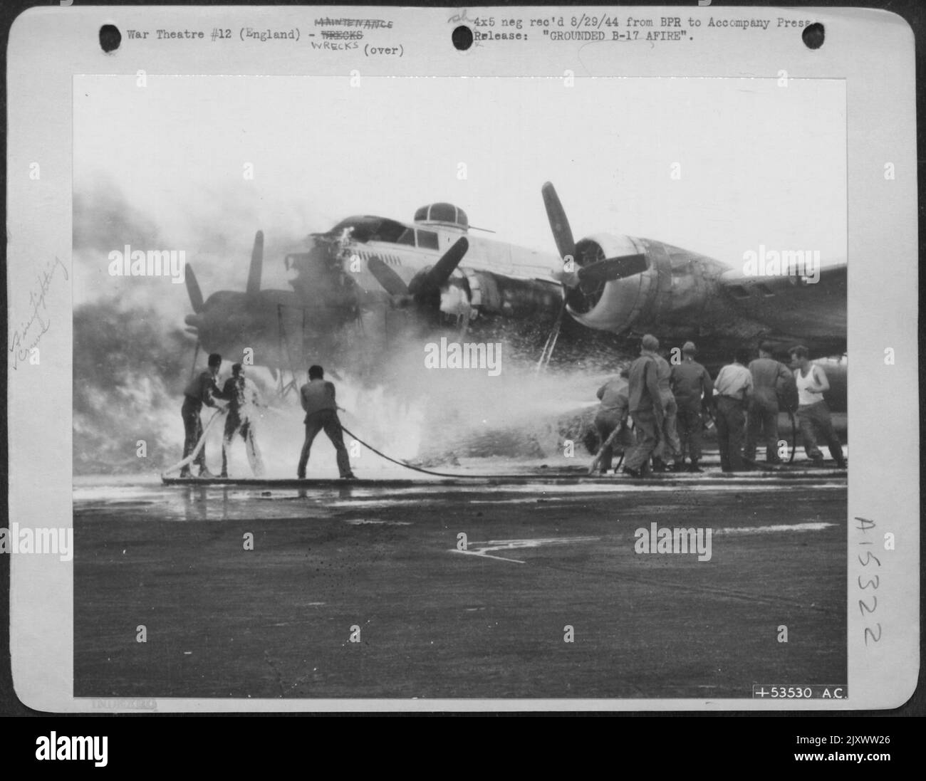 "GROUNDED BOEING B-17 AFIRE"-An Engineer Aviation Fire Fighting Platoon ...