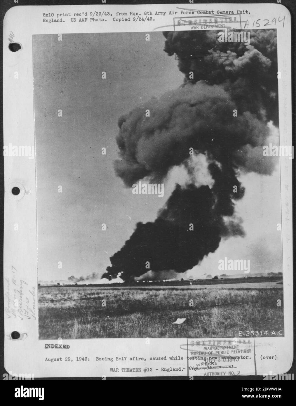 August 29, 1943: Boeing B-17 afire, caused while testing new carburetor ...