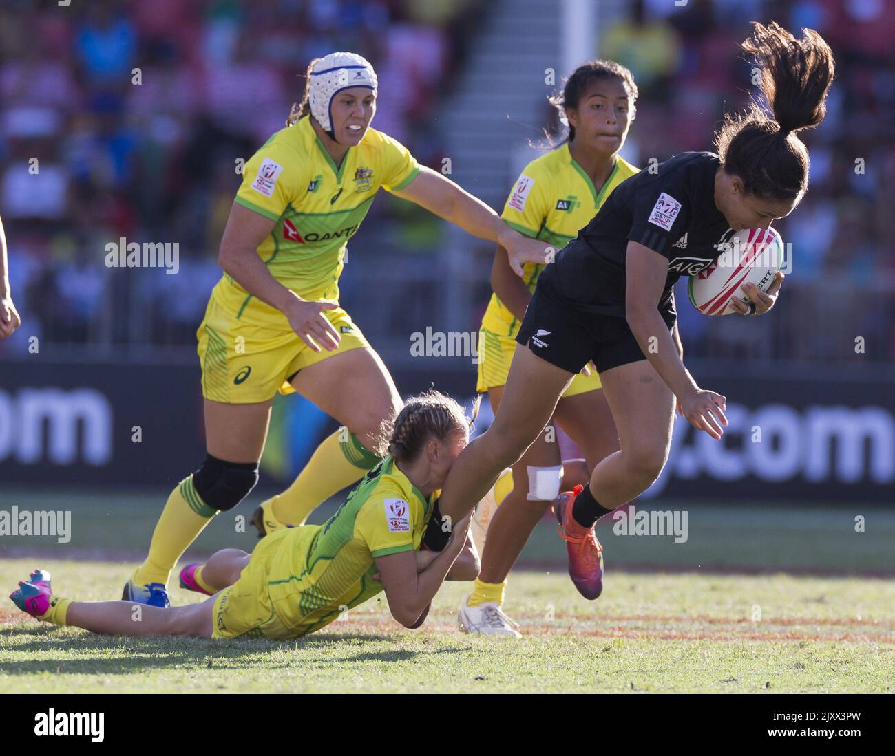 Ruby Tui of New Zealand is tackled by Emma Sykes of Australia during ...