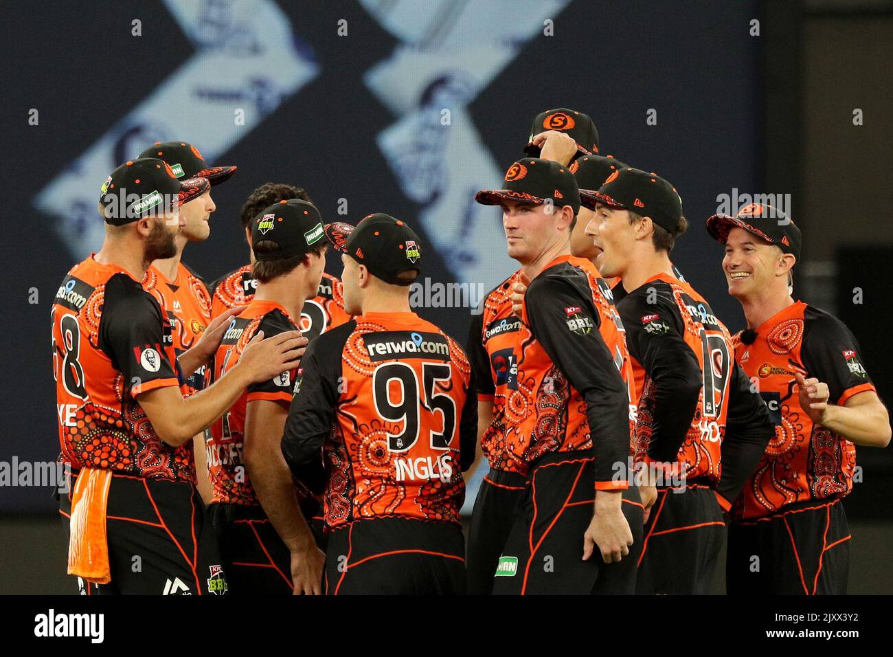 Scorchers players celebrate dismissing Ben Dunk of the Stars during the ...